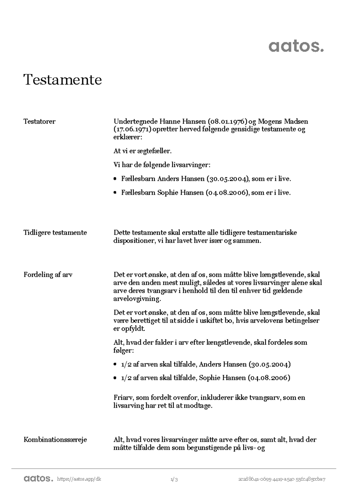 Testamente - aatos. Testamente Testatorer Undertegnede Hanne Hansen (08 ...