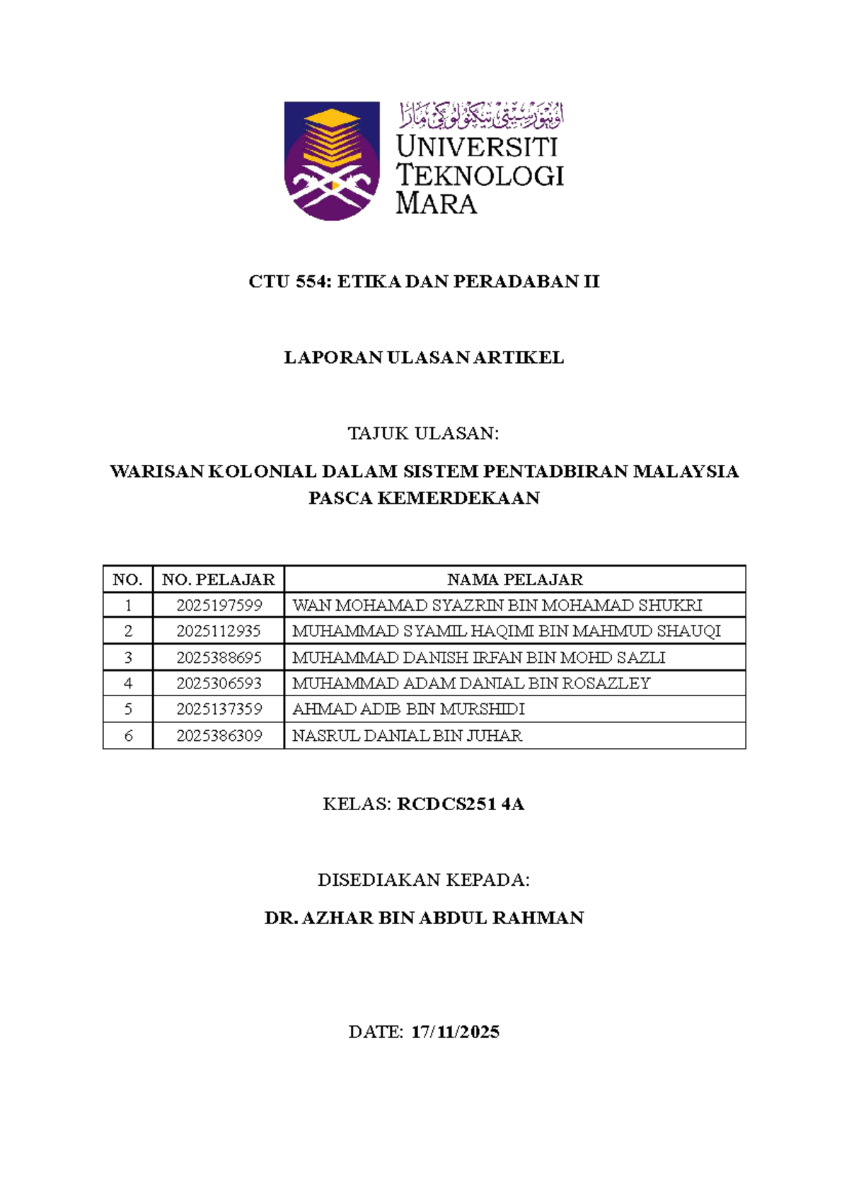 CTU 554: Final Report on Colonial Heritage in Malaysia's Admin System ...