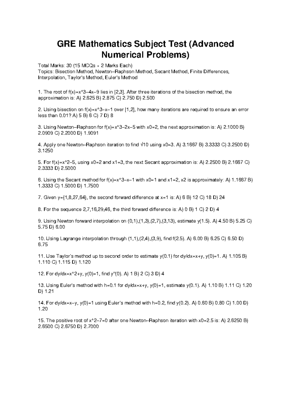 GRE Mathematics Subject Test: Advanced Numerical Methods Review - Studocu