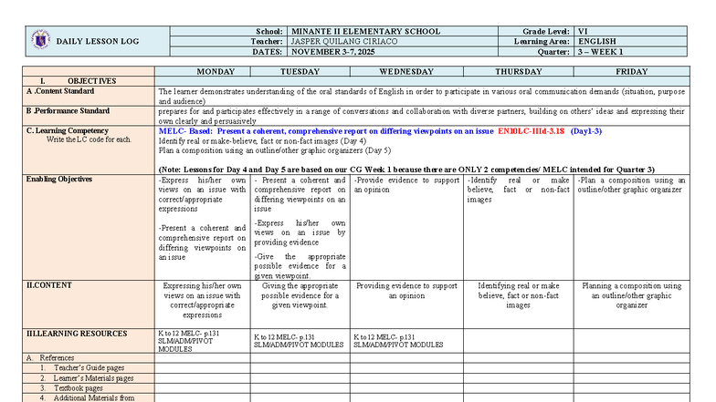 Daily Lesson Log for Grade VI English (Quarter 3) - MINANTE II ES - Studocu
