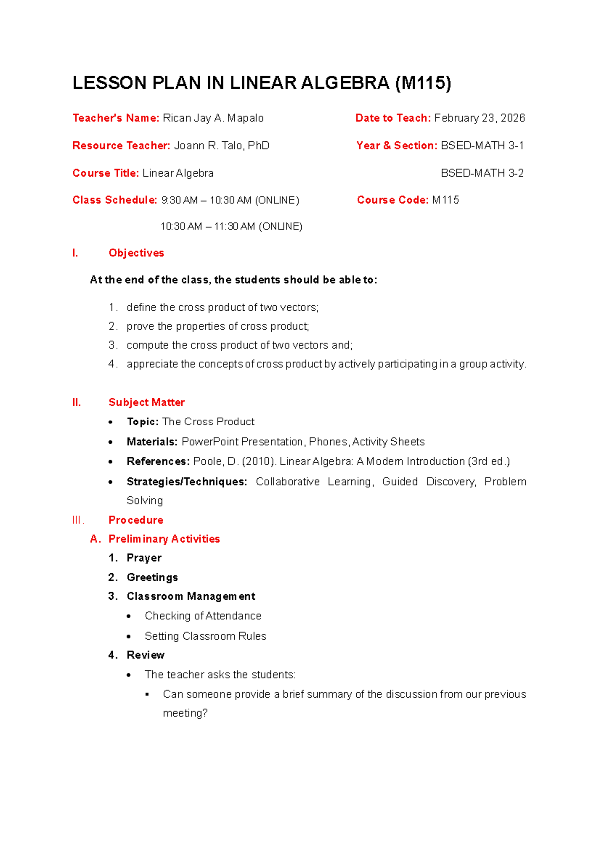 LESSON PLAN ON CROSS PRODUCT IN LINEAR ALGEBRA (M115) - Studocu