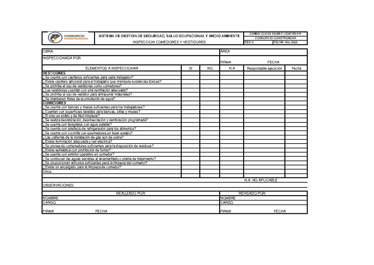CCN Inspección de Comedores y Vestidores - Seguridad y Salud - Studocu