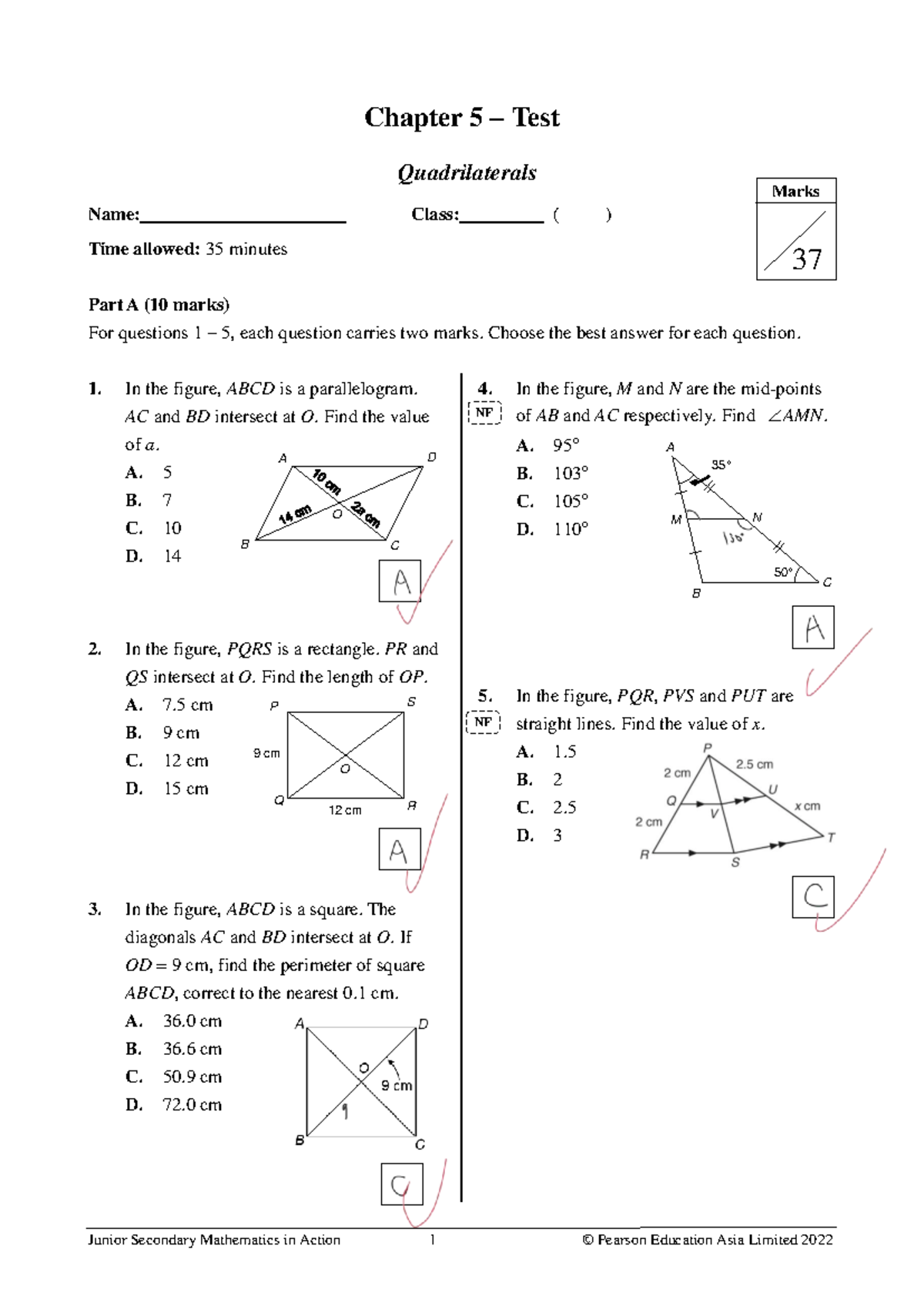 3A05 Chapter 5 Test on Quadrilaterals - Marks and Time Details - Studocu
