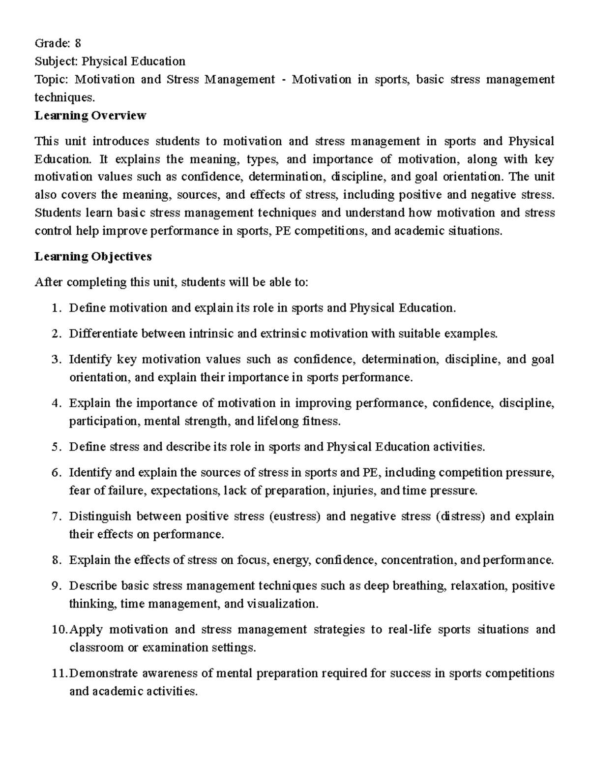 Grade 8 PE: Motivation & Stress Management Techniques - Studocu