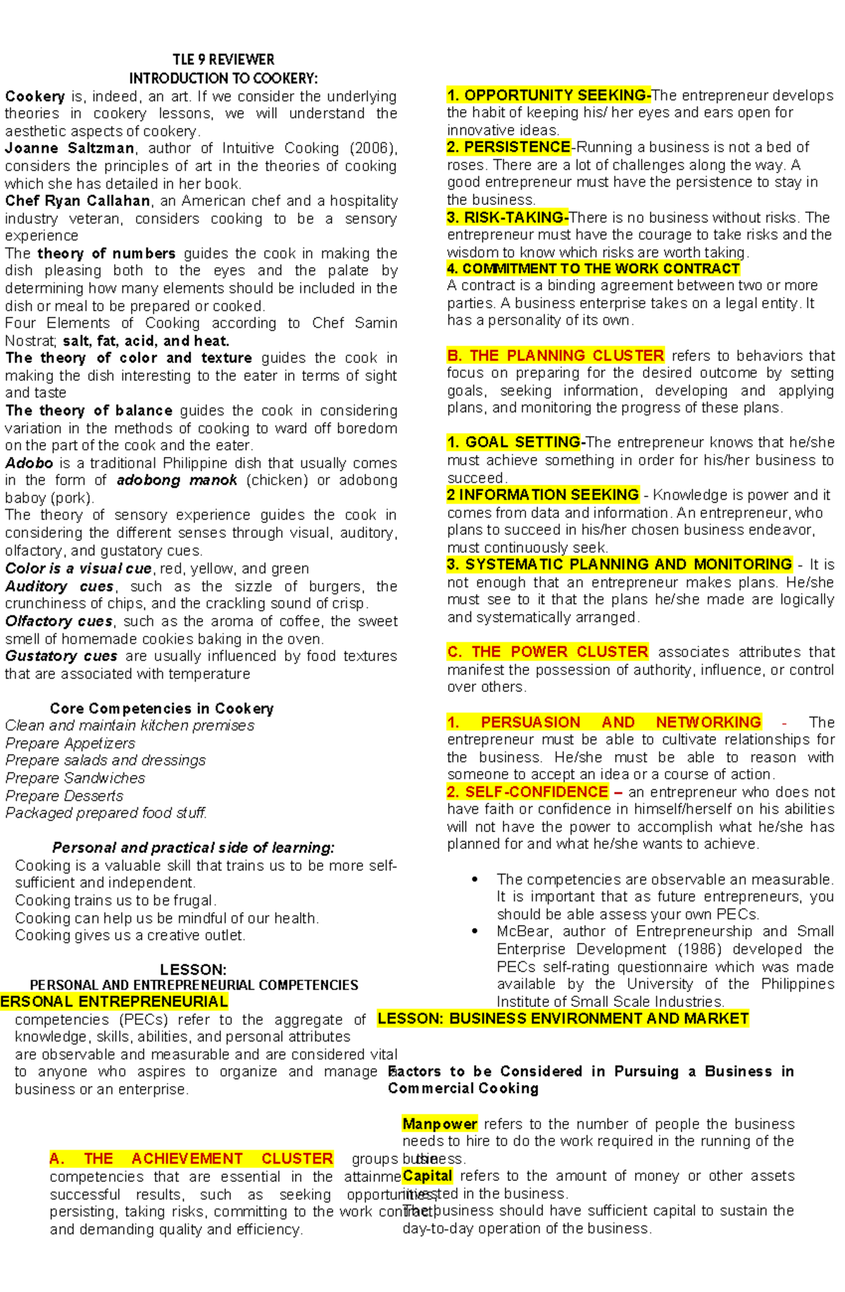 TLE 9 Reviewer - Lesson on Cookery & Entrepreneurship Skills - Studocu