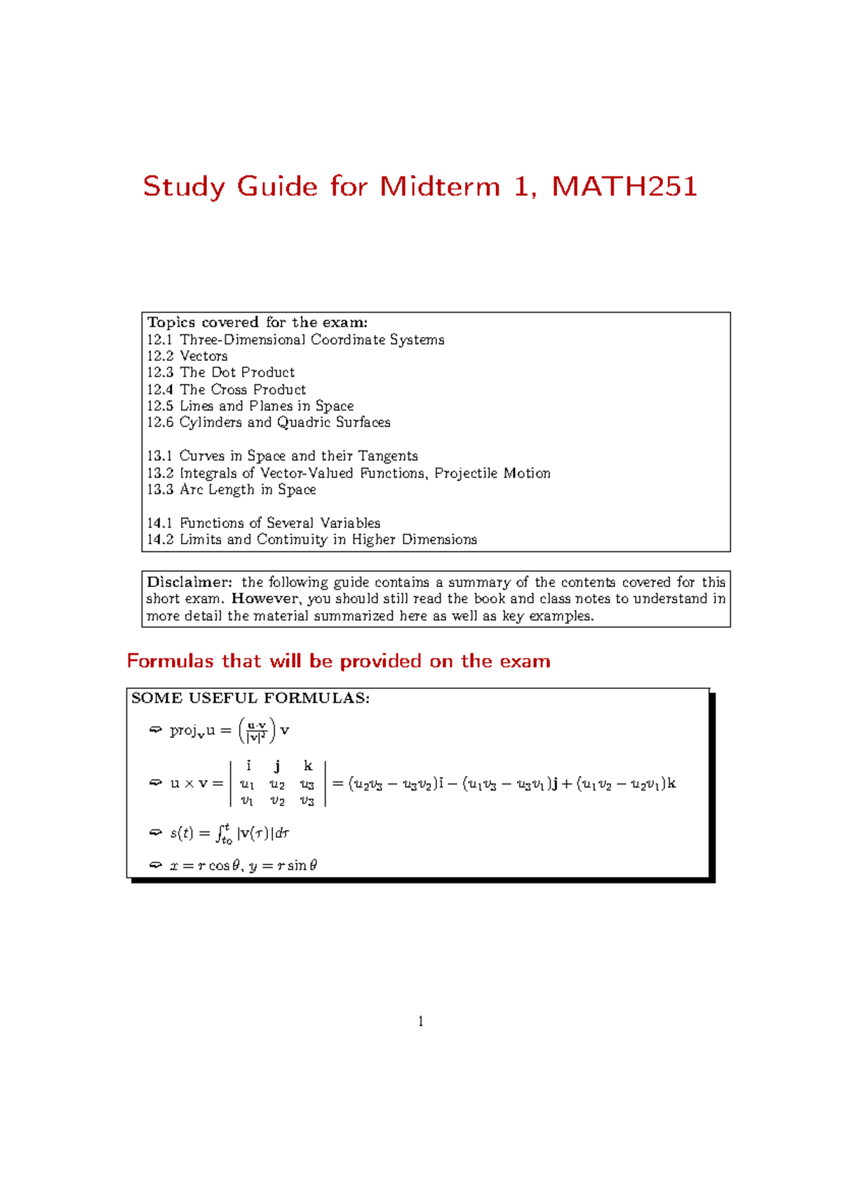 Midterm-1-guide - ertretret - Study Guide for Midterm 1, MATH Topics ...