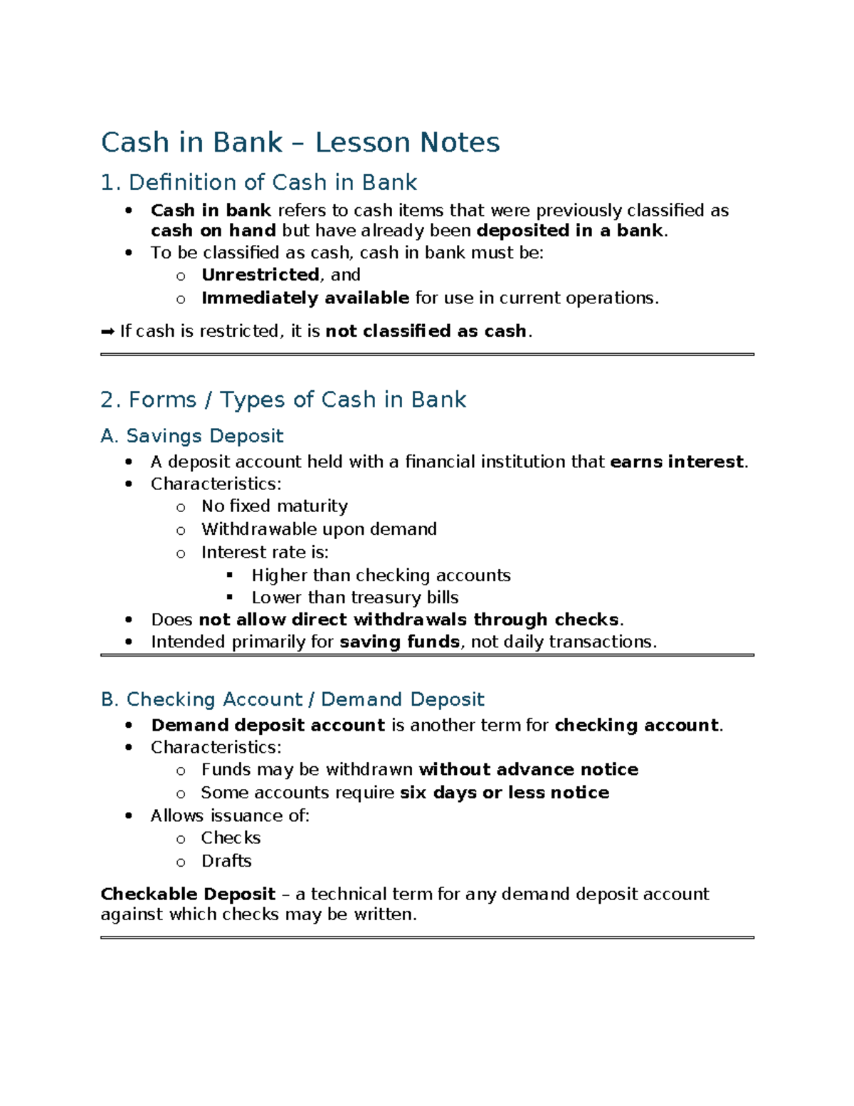 Cash in Bank – Accounting Lesson Notes (ACCT 101) - Studocu