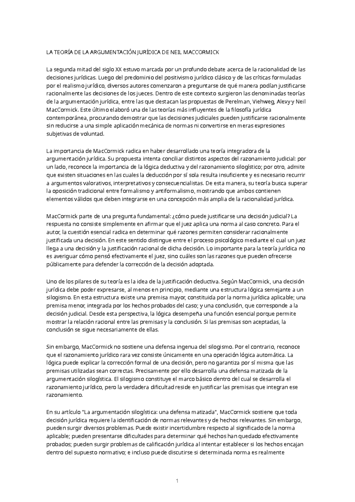 Teoría de la Argumentación Jurídica de Neil MacCormick: Análisis y ...