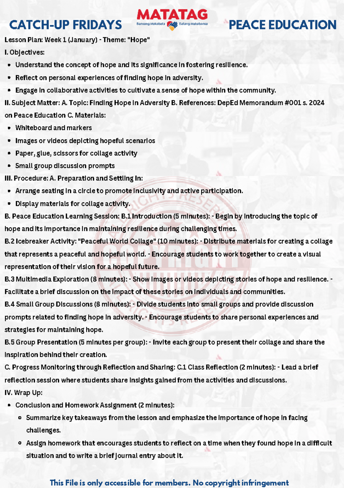 Peace Education Grade 5: Lesson Plans on Hope (Jan-Mar 2024) - Studocu