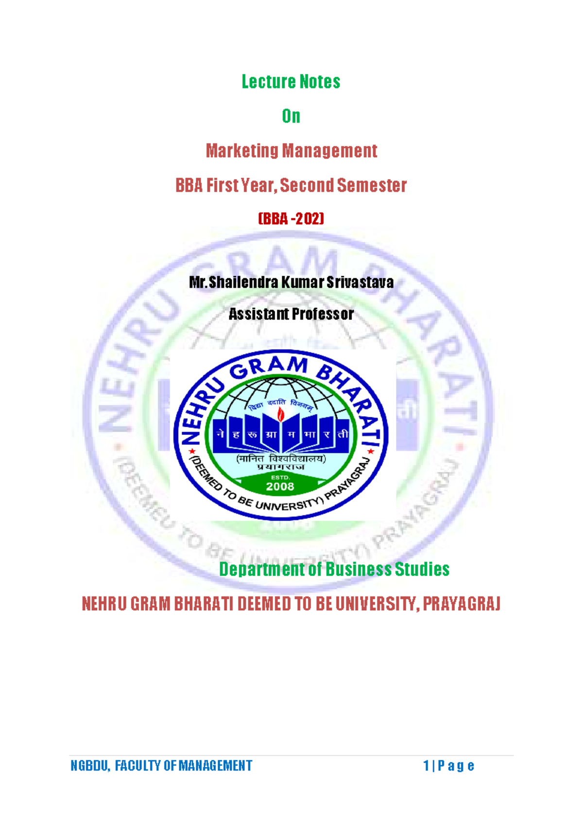 Marketing Management-BBA-II Notes - Lecture Notes On Marketing ...