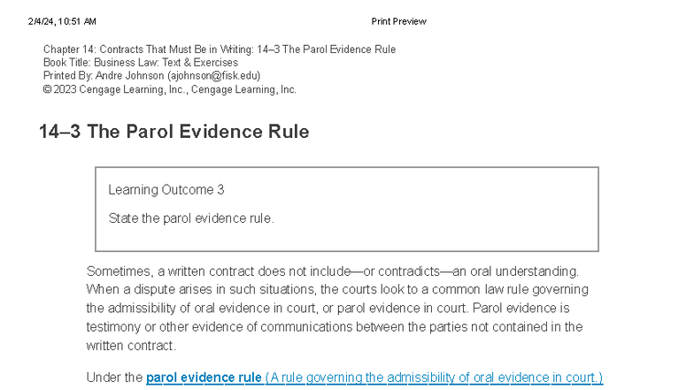 Business Law: Chapter 14 - The Parol Evidence Rule Overview - Studocu