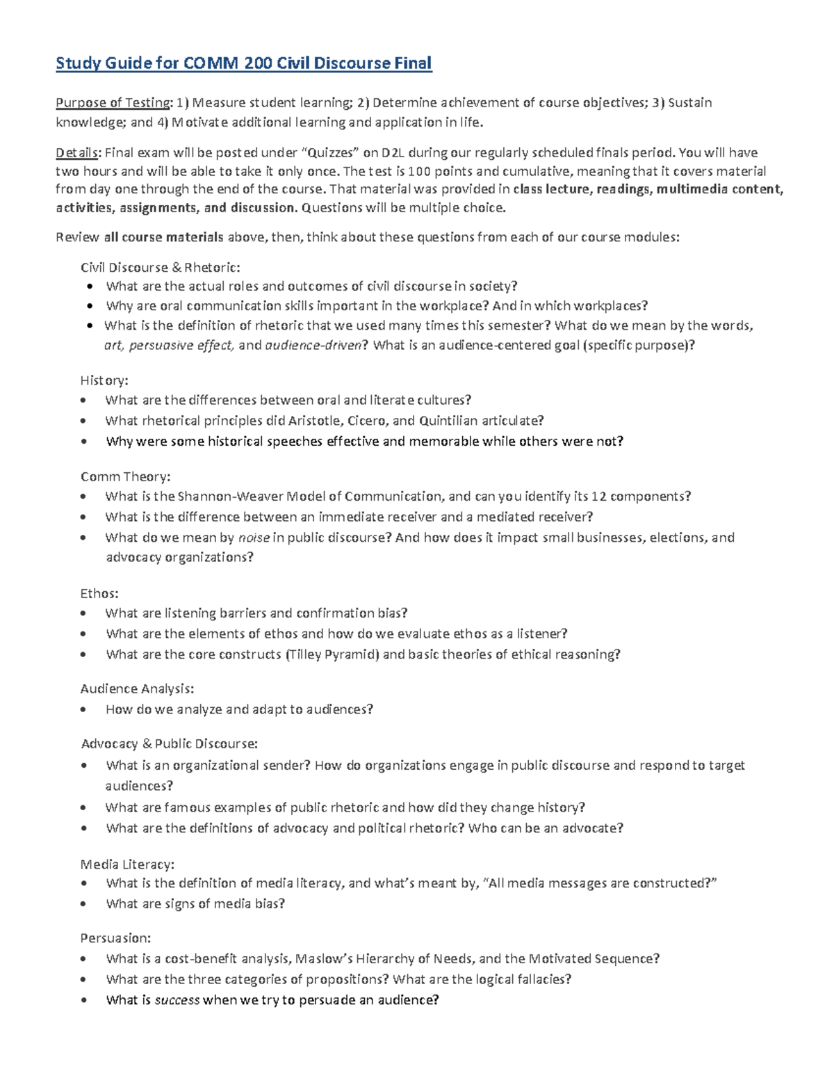 COMM 200 Civil Discourse Final Exam Study Guide - F22 - Studocu