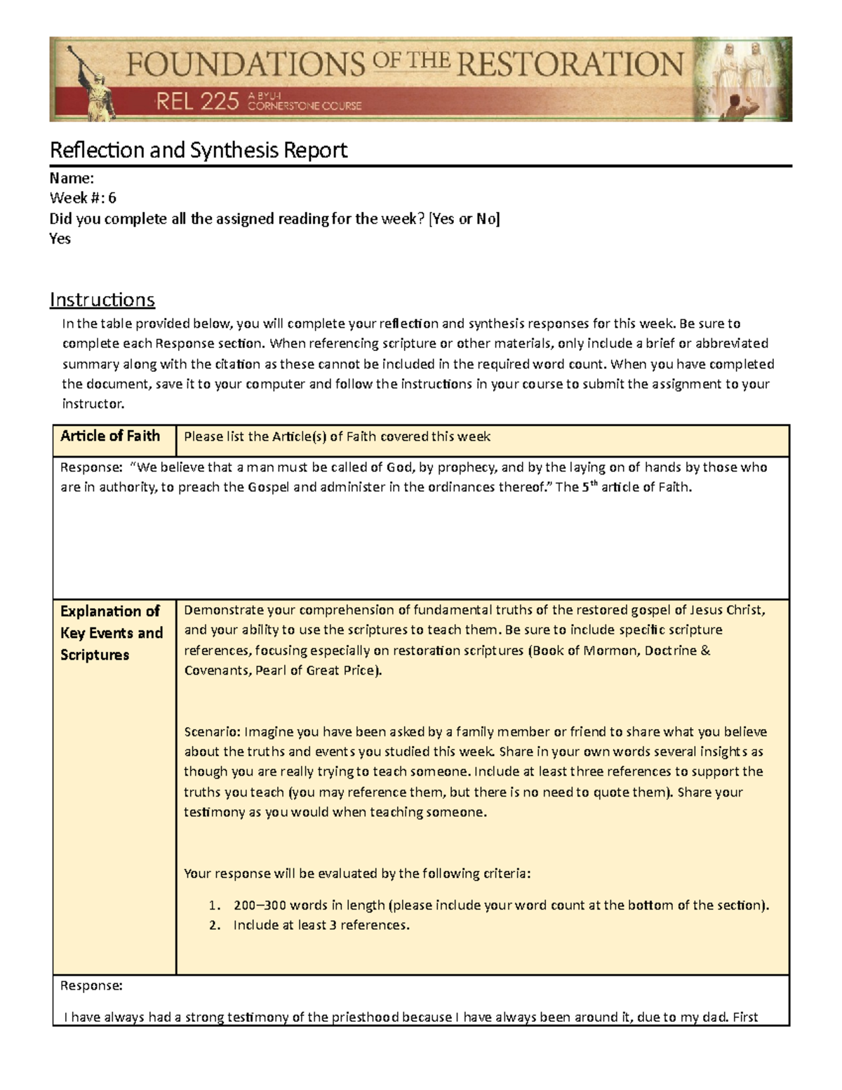 Prove reflection week 6 - Reflection and Synthesis Report Name: Week #: 6 Did you complete all ...