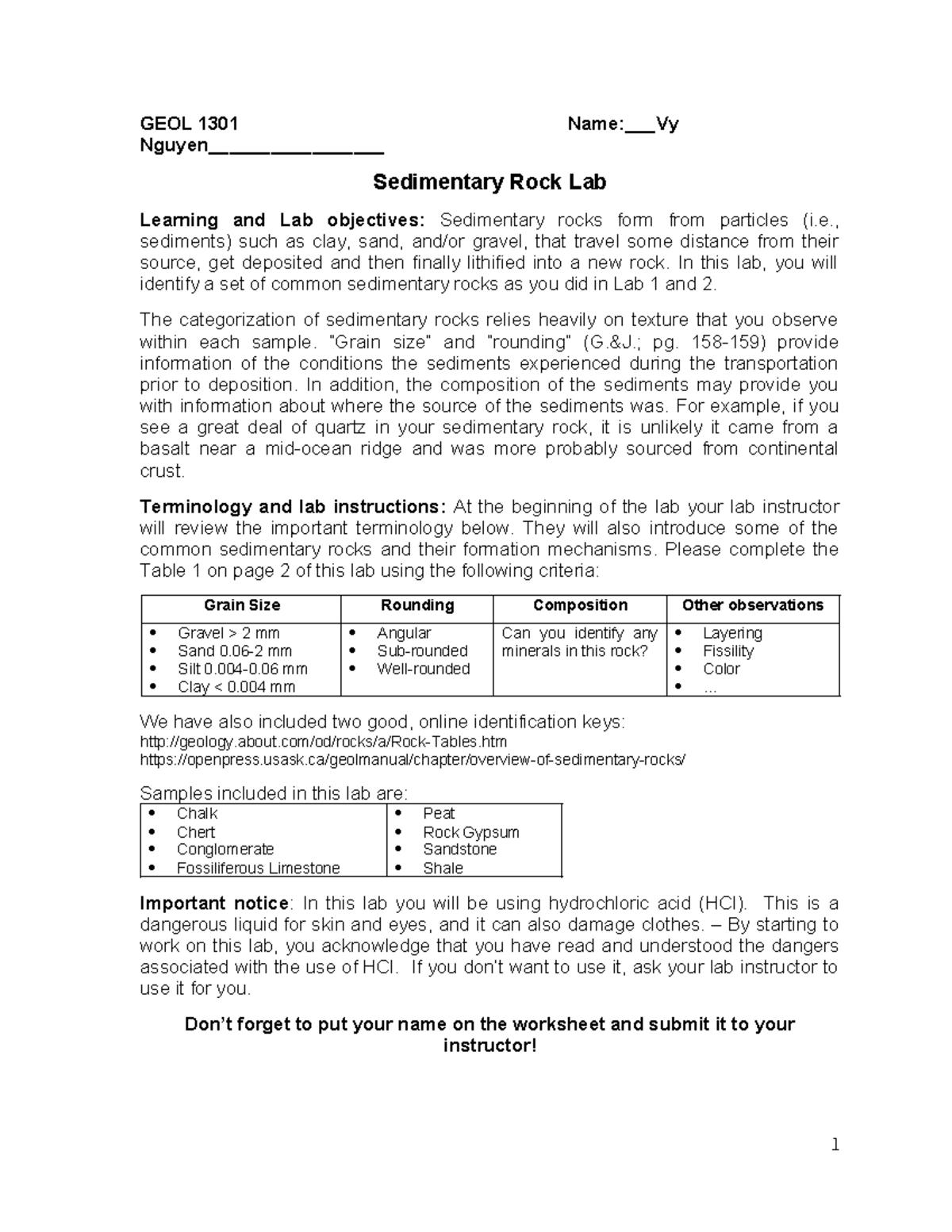 GEOL 1301 - Lab 04: Identifying Sedimentary Rocks and Their Properties ...