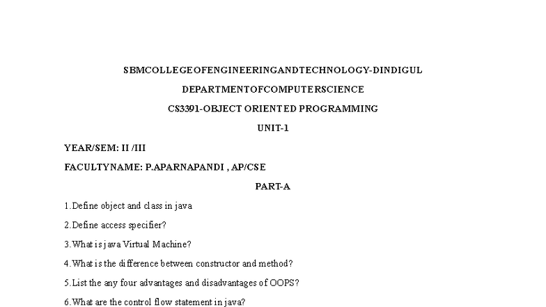 OOPS Question Bank - CS101: Object-Oriented Programming II - Studocu