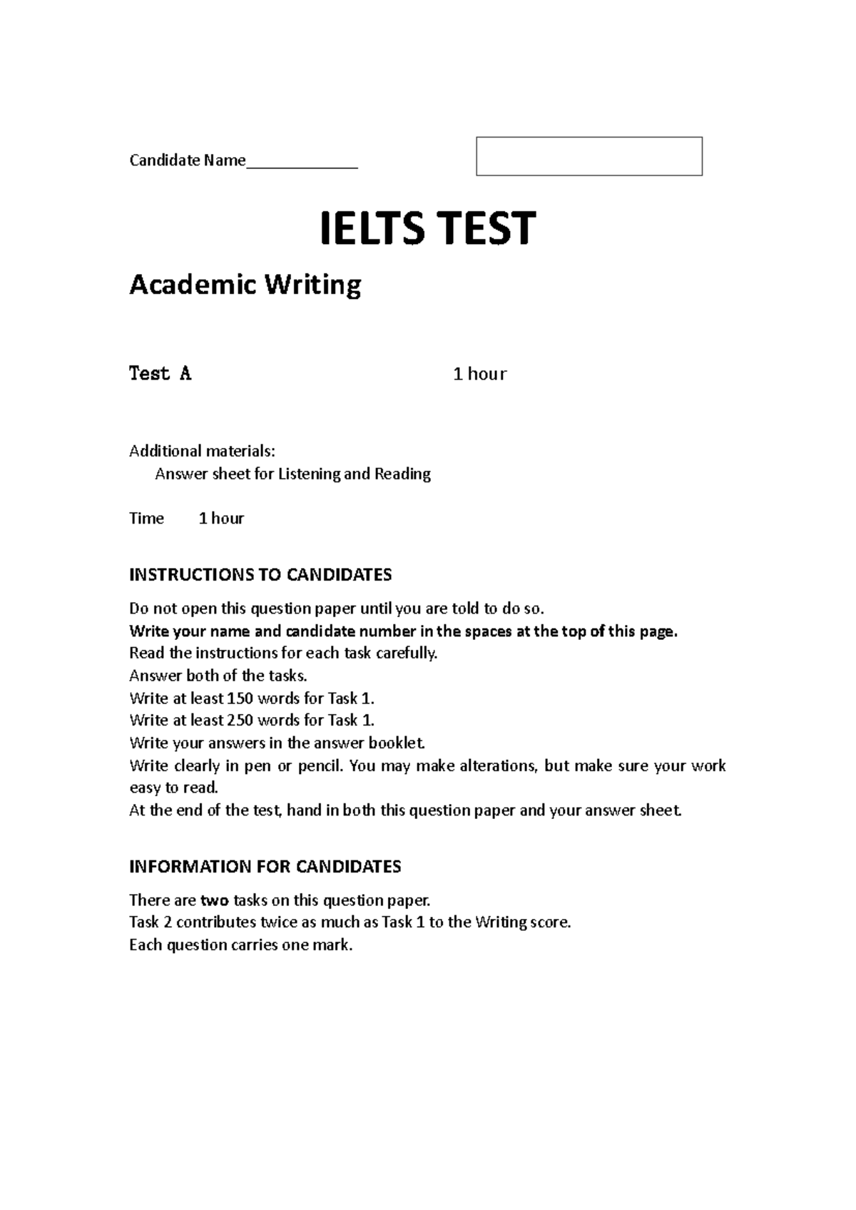IELTS Academic Writing Test A - 模考卷 - 123 - Studocu