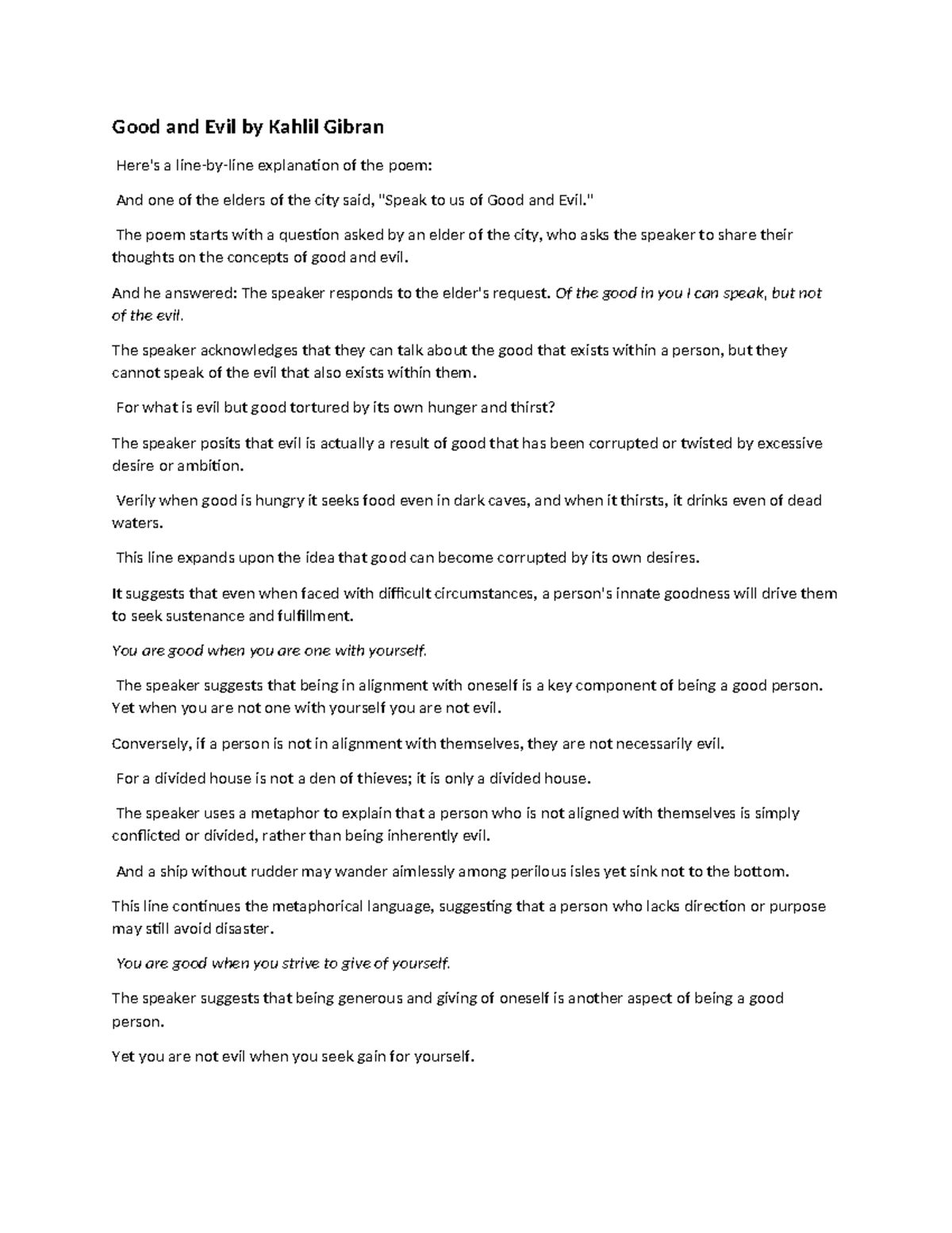 Kahlil Gibran's Poem Analysis: Good and Evil Explained (ENG 101) - Studocu