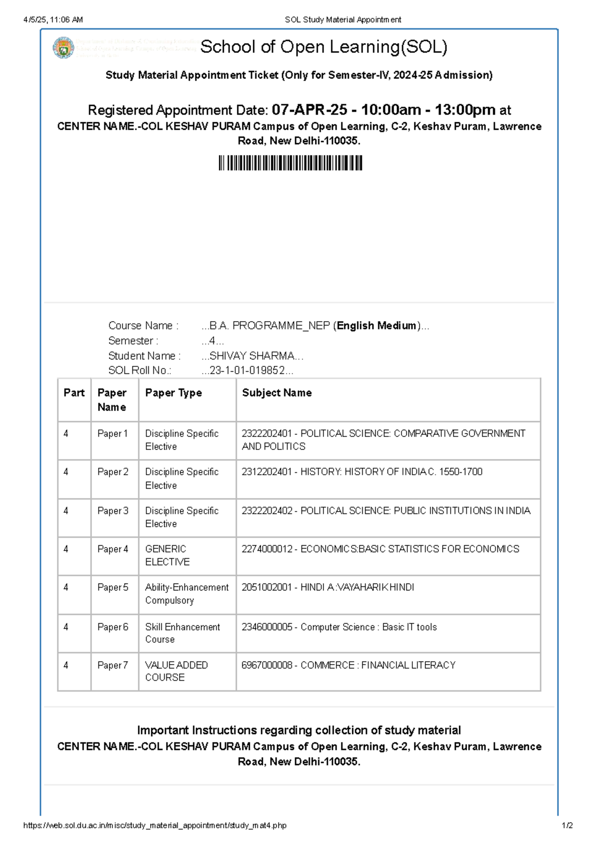 SOL Study Material Appointment for B.A. Programme (NEP) at Keshav Puram ...