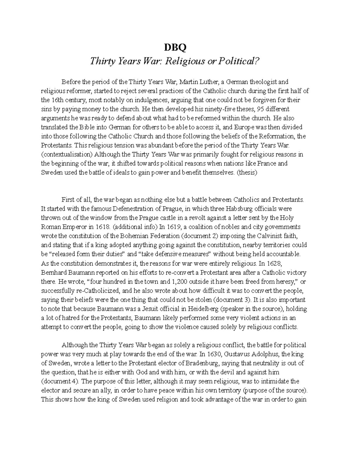 30 Years War DBQ: Analyzing Religious vs. Political Motivations - Studocu