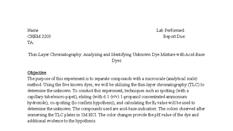 CHEM 2203 Lab Report: TLC Analysis of Unknown Dye Mixture - Studocu