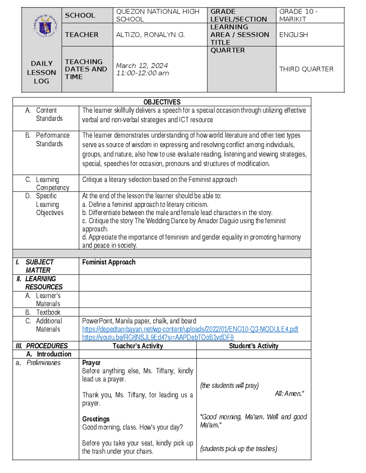 DAILY LESSON LOG: GRADE 10 ENGLISH - FEMINIST APPROACH (DLP) - Studocu