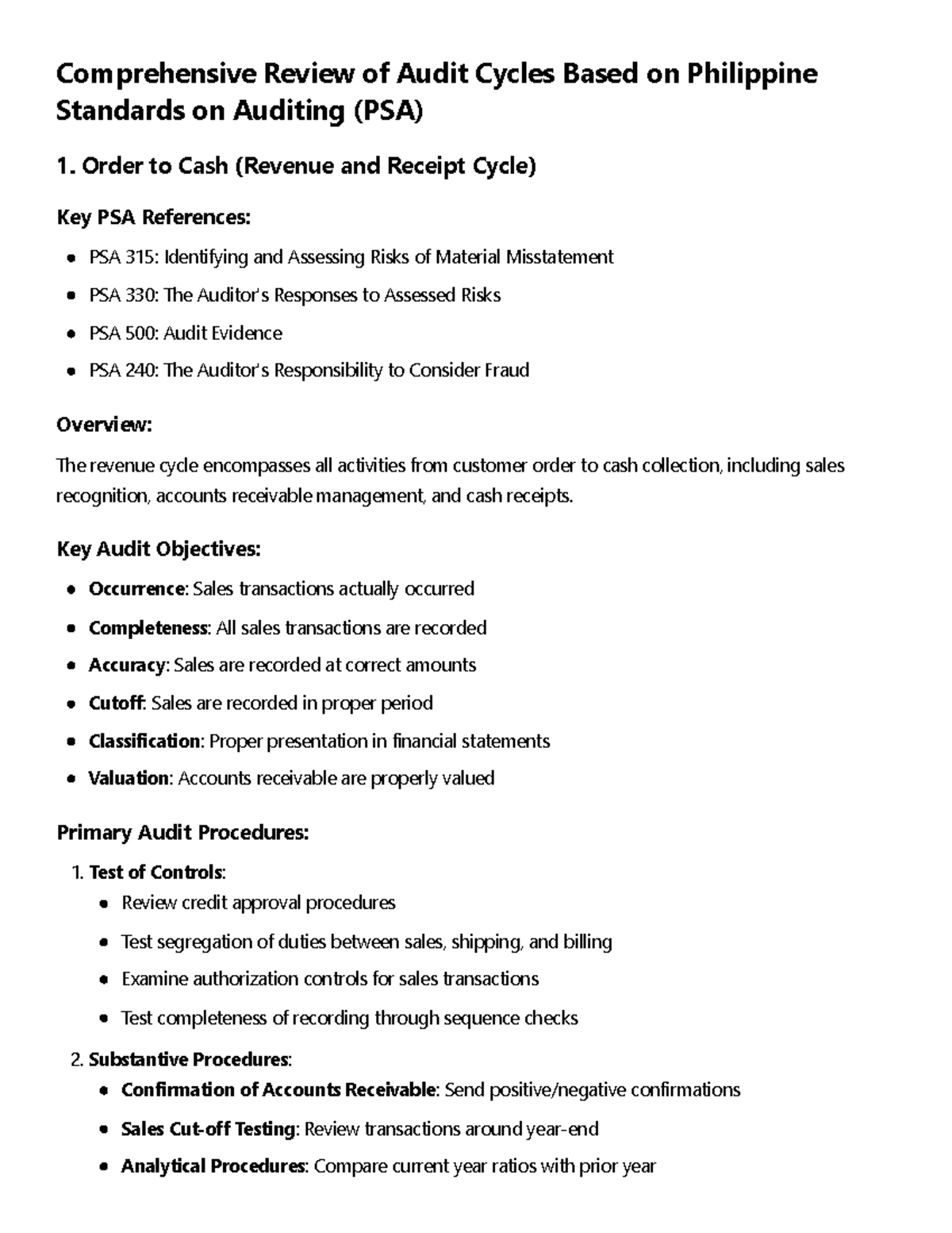 Comprehensive Review of Audit Cycles: PSA Standards Overview - Studocu