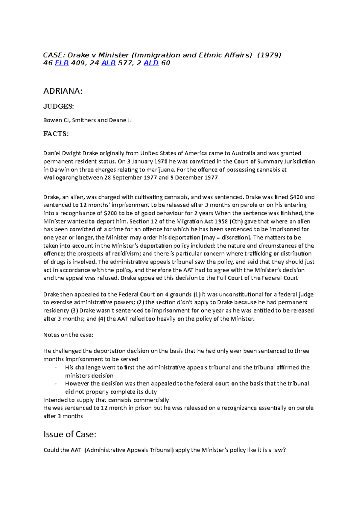 Case Analysis: Drake v Minister (Immigration) and Its Legal ...