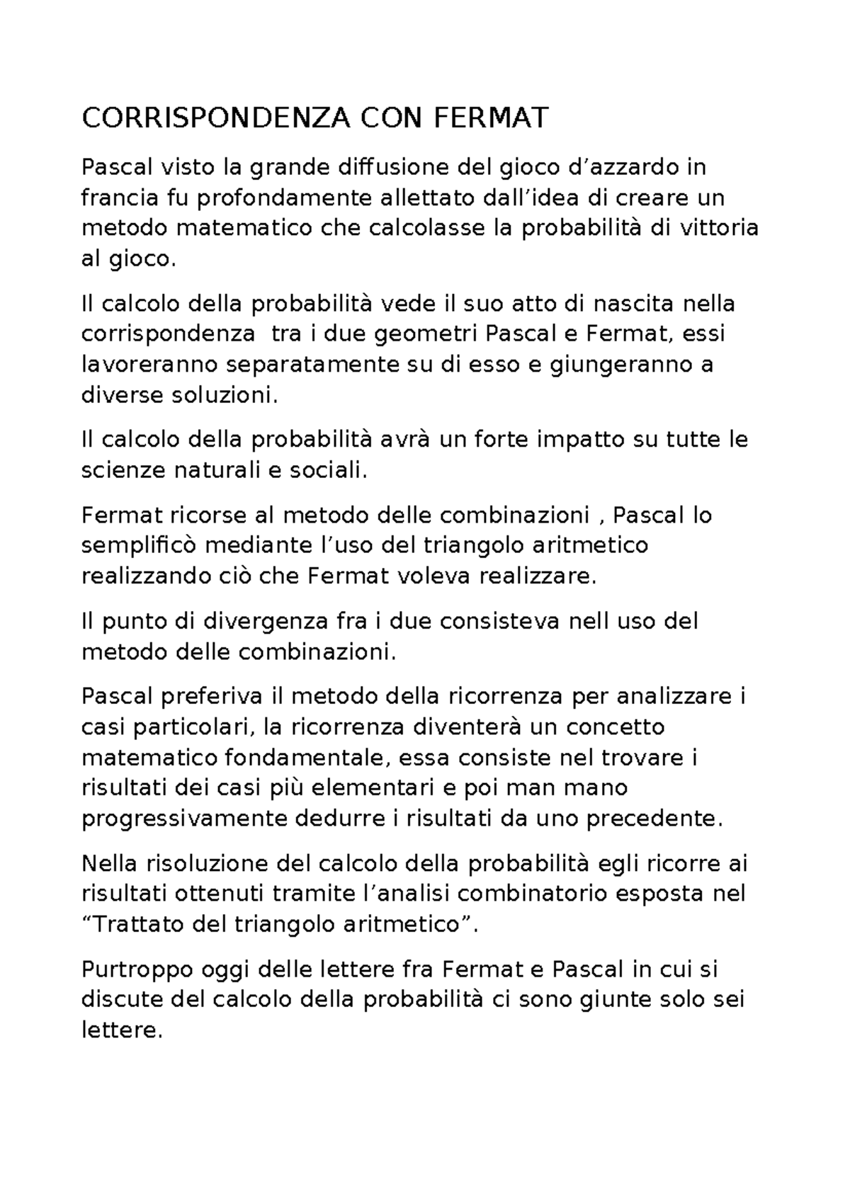 Corrispondenza tra Pascal e Fermat sul Calcolo della Probabilità - Studocu