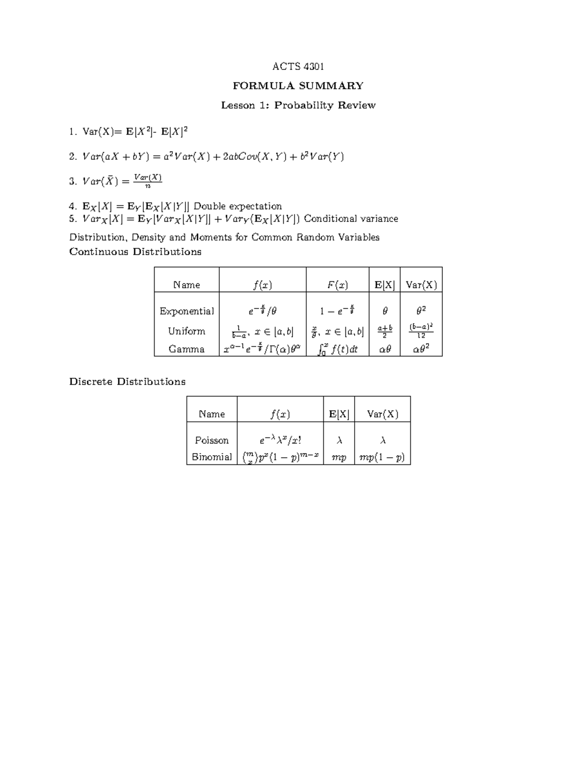ACTS 4301 - Formula Summary and Key Concepts in Probability & Life ...