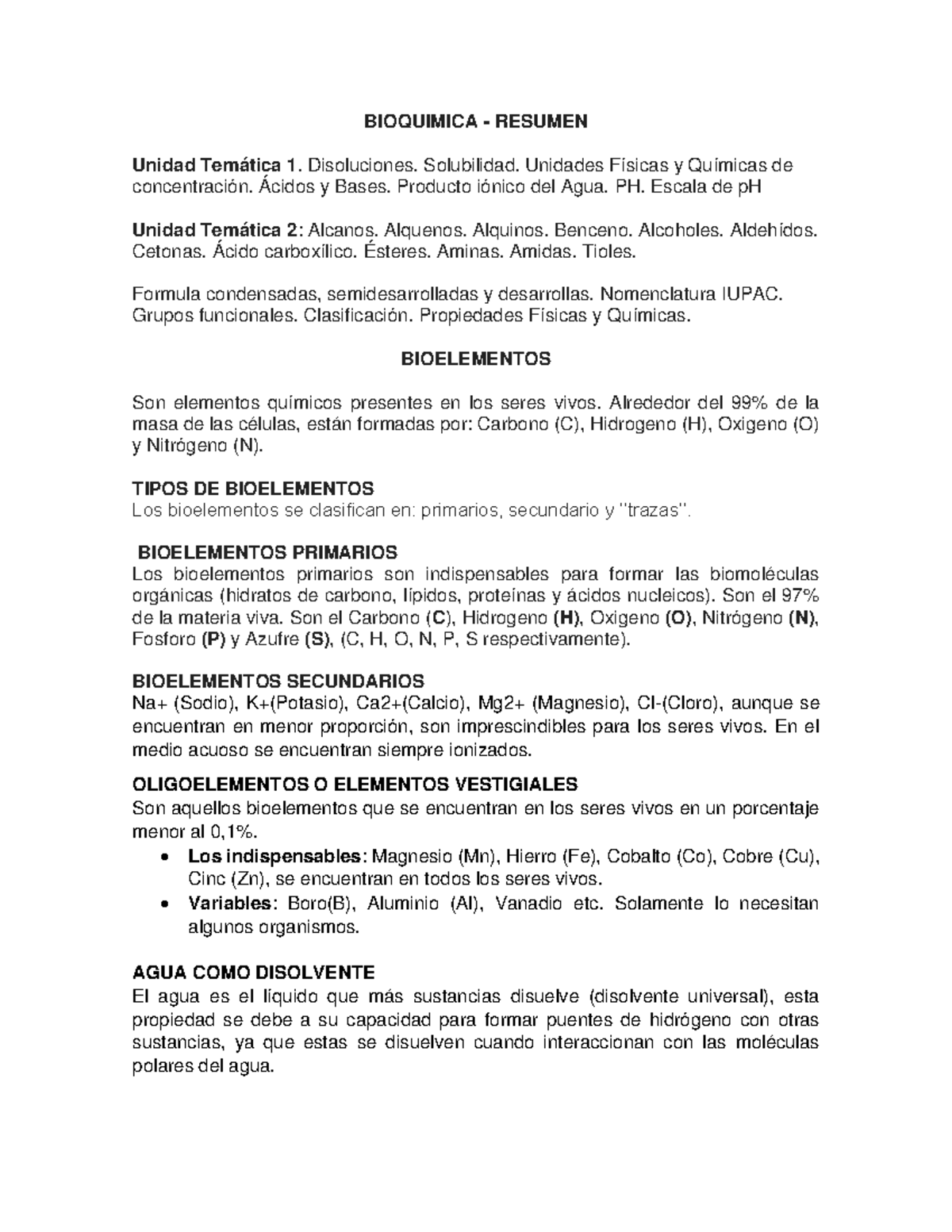 Bioquimica 1 resumen del primer parcial - BIOQUIMICA - RESUMEN Unidad ...