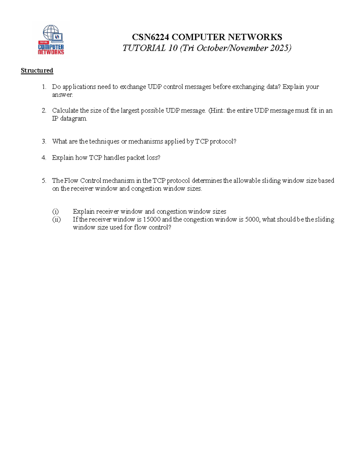 CSN6224 COMPUTER NETWORKS TUTORIAL 10 (Tri 2025) - Key Concepts & Q&A ...