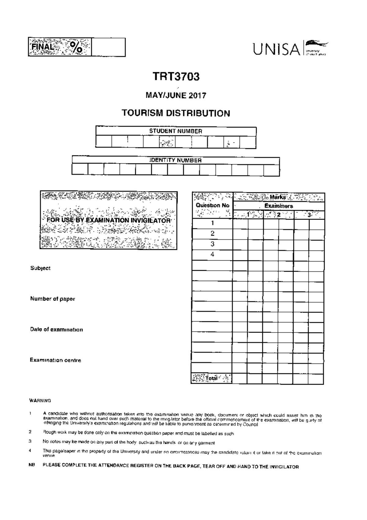 TRT3703 2017 Final Exam: Tourism Distribution Past Paper - Studocu