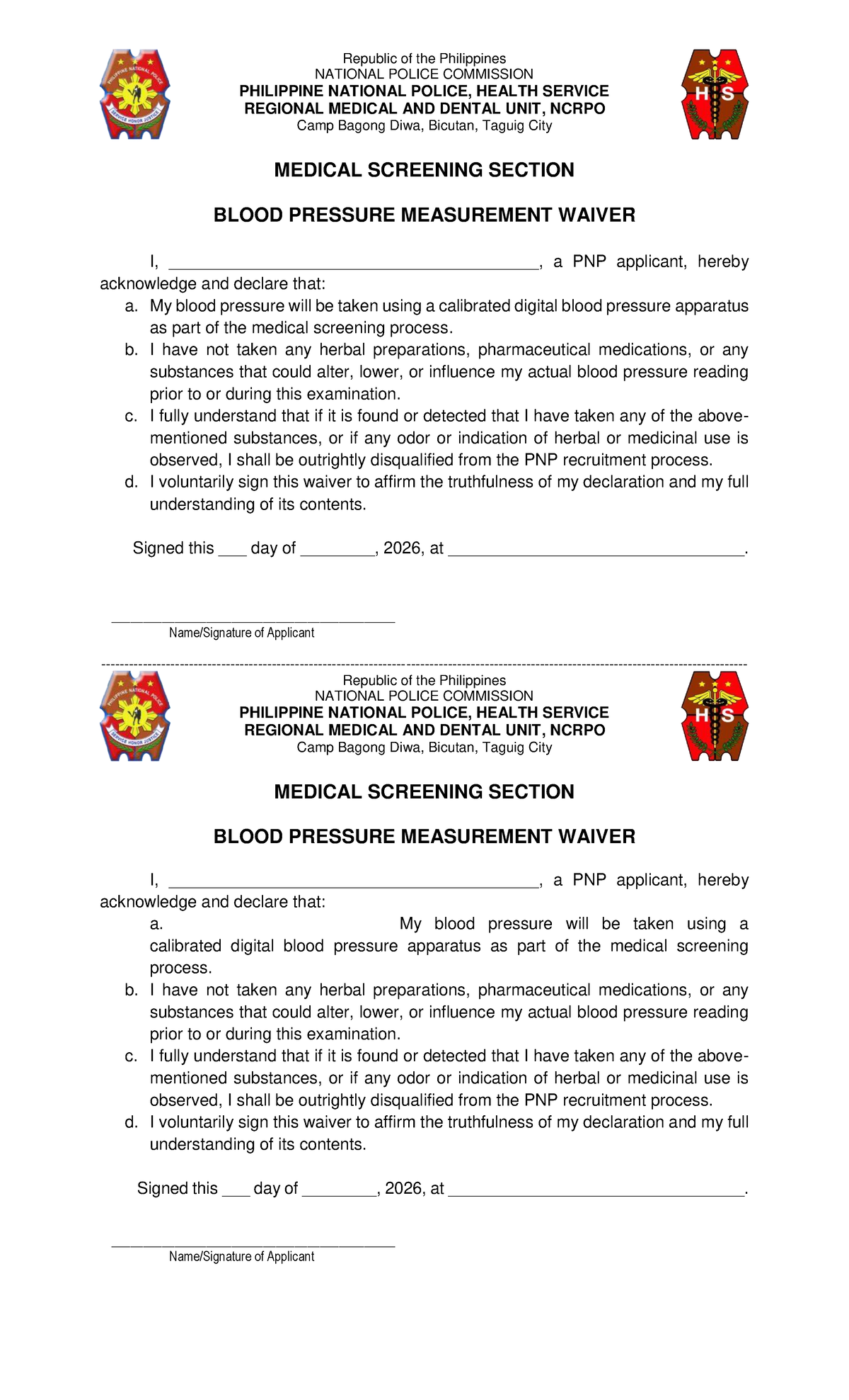 PNP Medical Screening Blood Pressure Measurement Waiver - Studocu