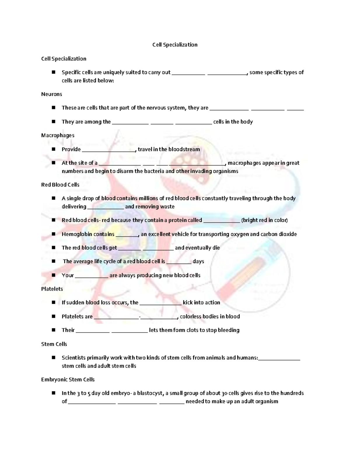 Cell Specialization: Guided Notes on Unique Cell Types - Studocu