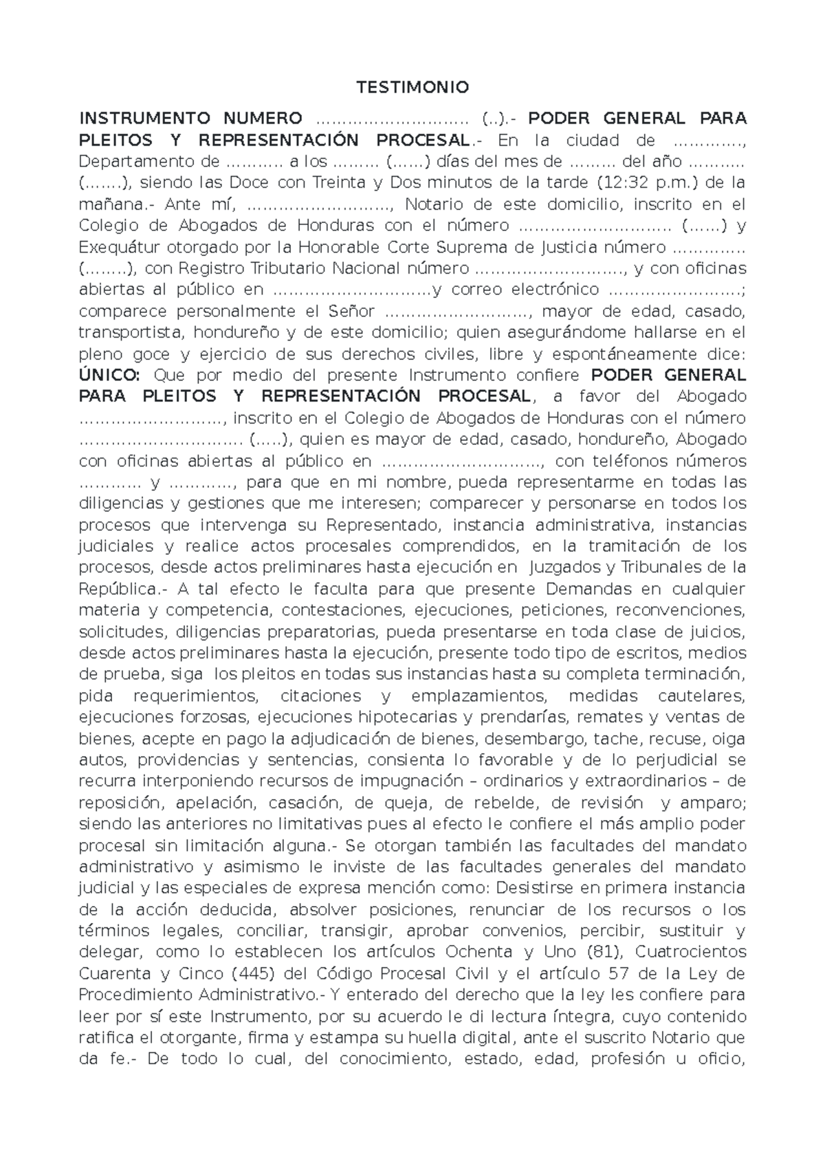 Poder General para Pleitos y Representación Procesal - Formato - Studocu