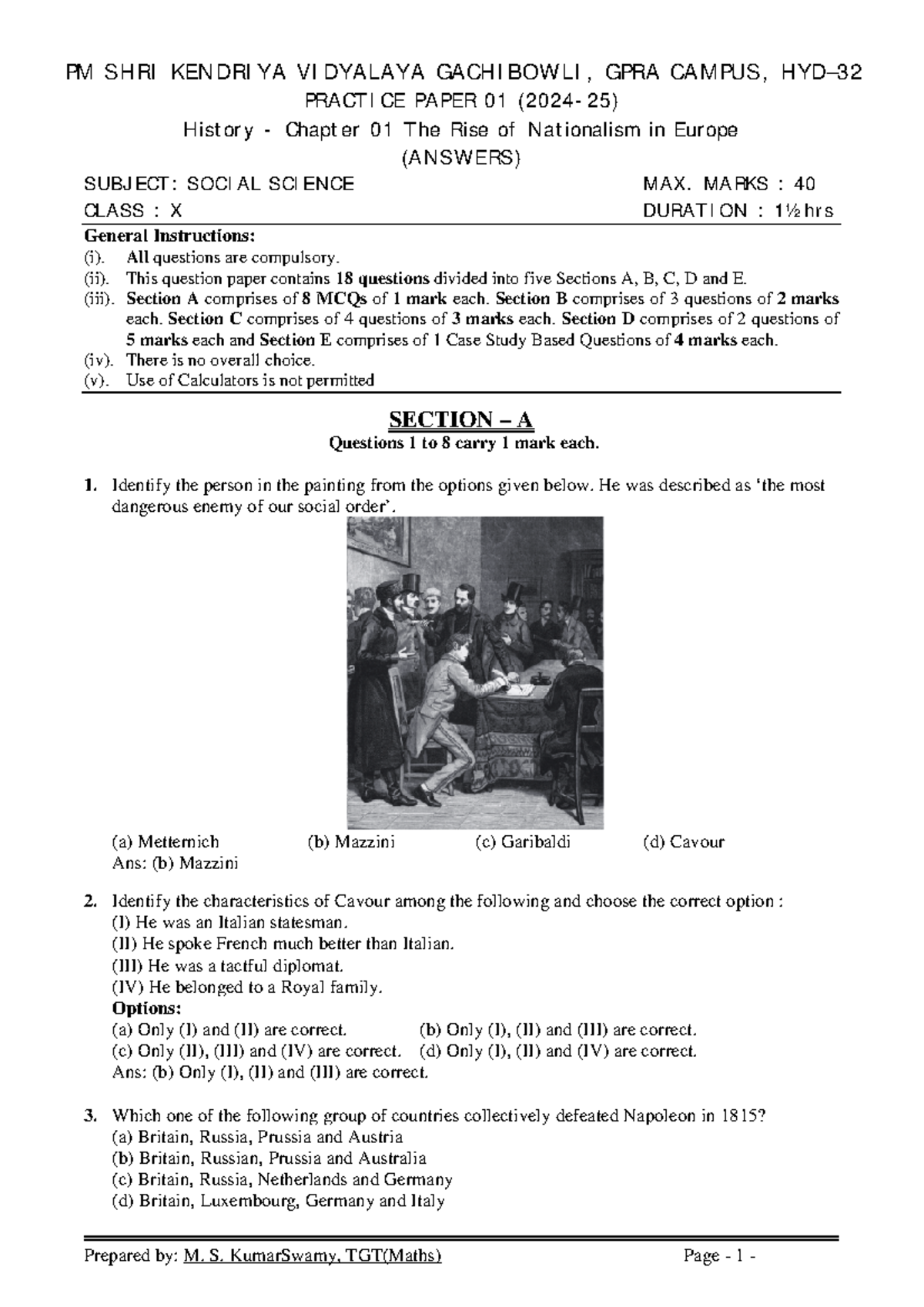 Social Science Class X Practice Paper 01: The Rise of Nationalism in ...