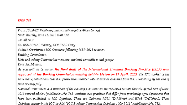 ISBP 745: Overview of Revised ICC Opinions and Practices - Studocu