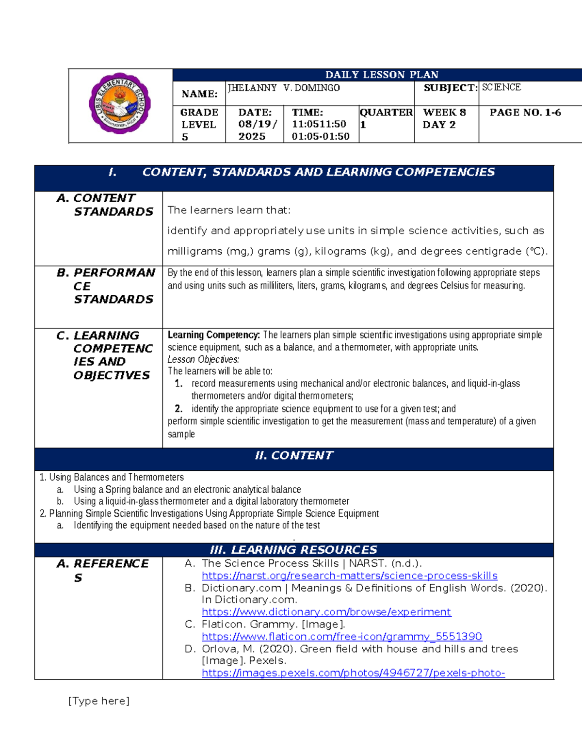 DLP GRADE 5 WEEK 8 DAY 2: Science Lesson Plan on Measurements - Studocu