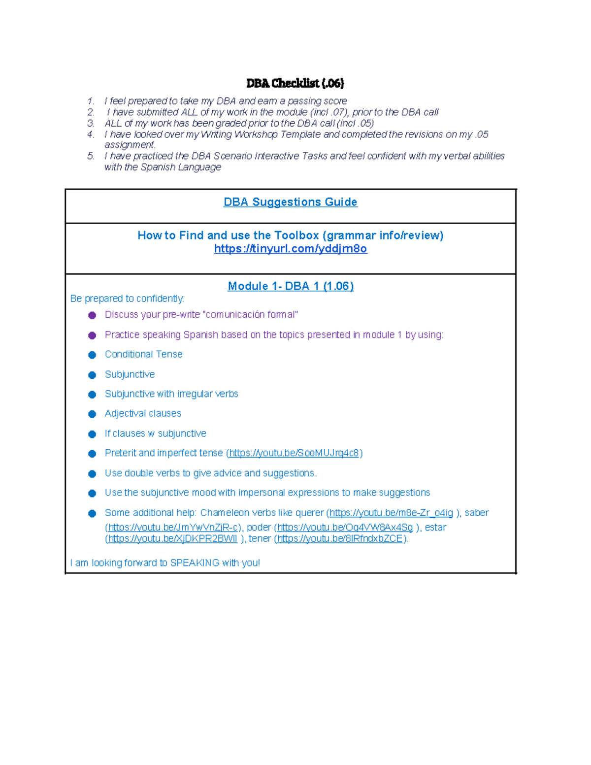Dba Checklist A Rubric For Modules 1 5 Dbas Dba Checklist 06 I Feel Prepared To Take My