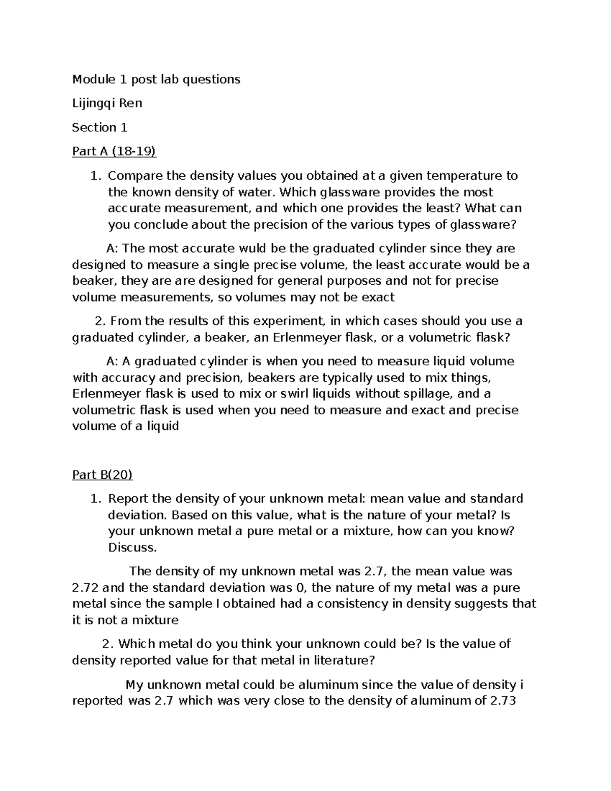 Module 1 Post Lab Questions: Density & Glassware Accuracy - Studocu