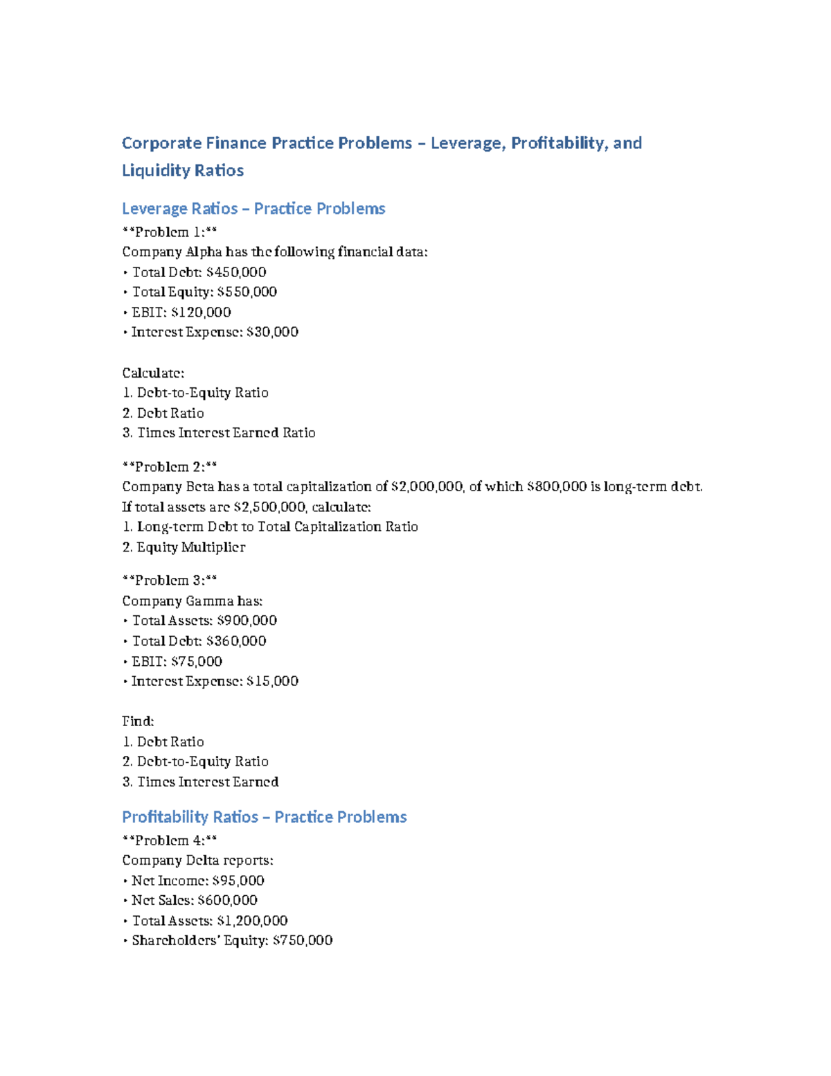 Corporate Finance Practice Problems: Leverage, Profitability ...