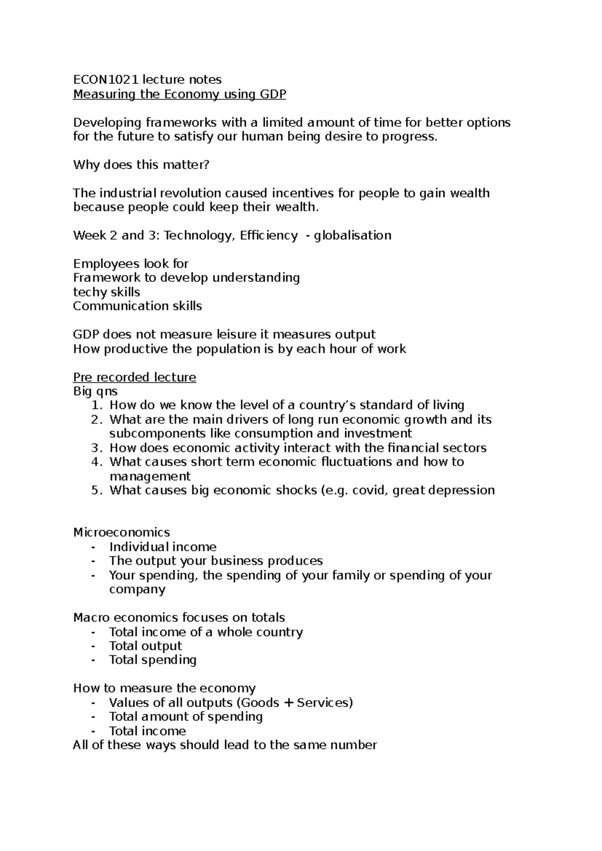 ECON1021 Lecture Notes: Understanding GDP, Economic Growth, and ...