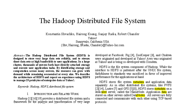 HDFS Architecture and Management: Insights from Yahoo! - Studocu