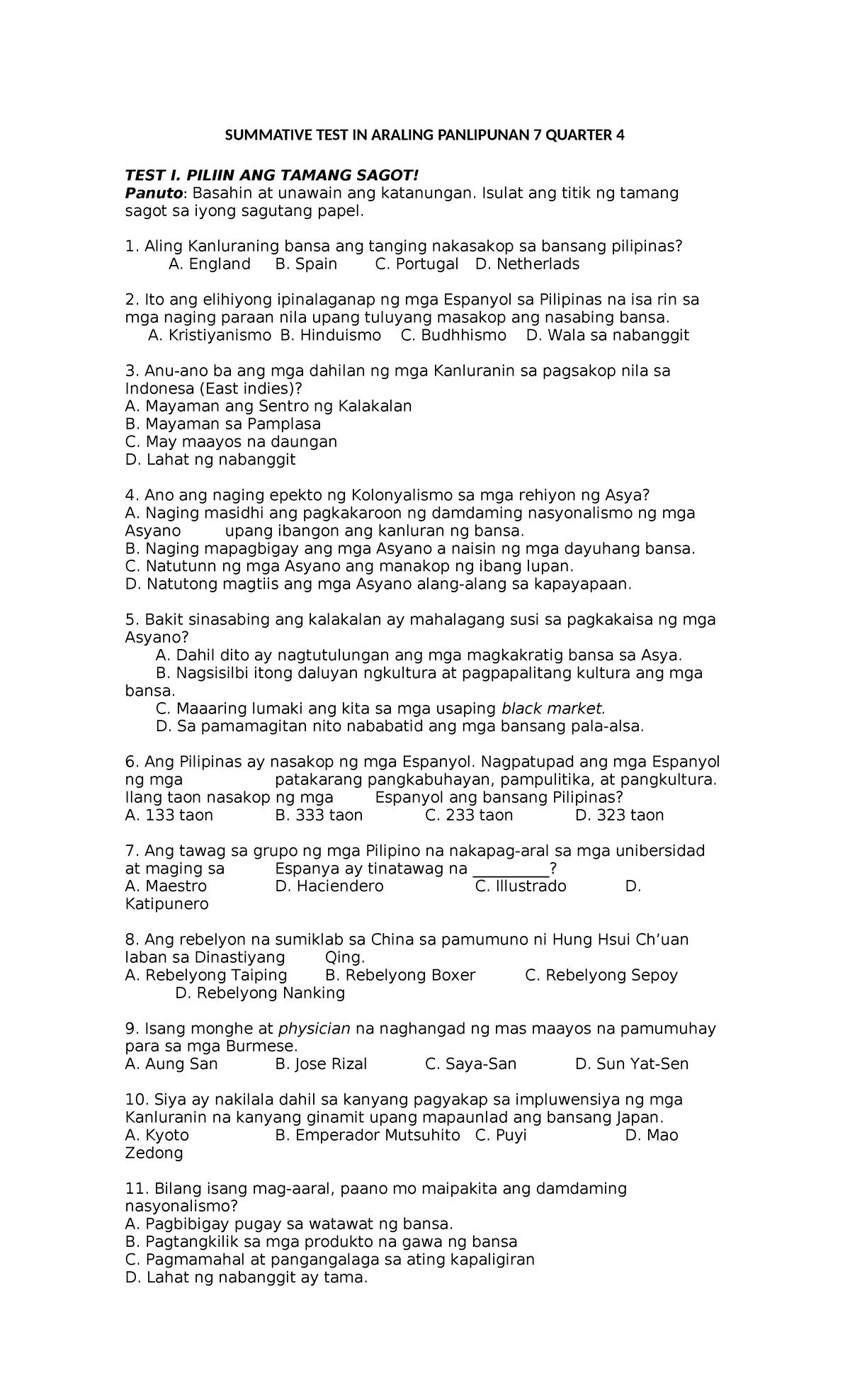 Araling Panlipunan 7 Quarter 1 Exam Pdf