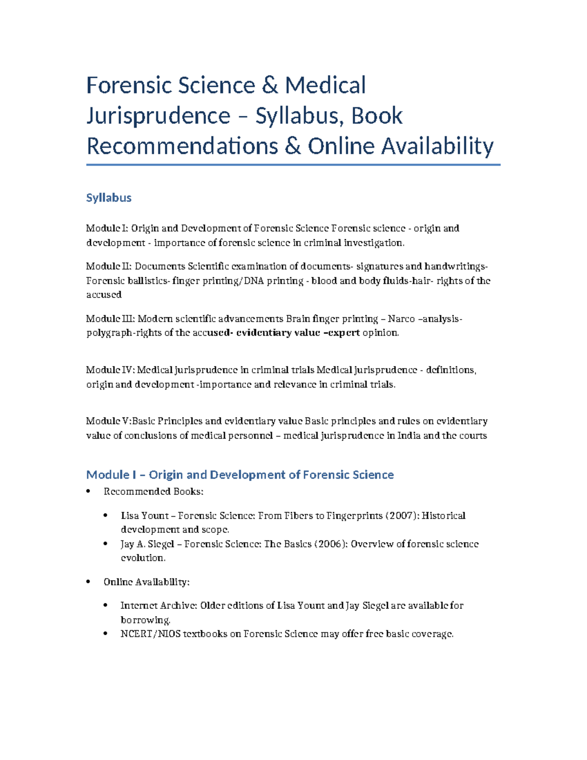 Forensic Science & Medical Jurisprudence Syllabus Guide (FS 101) - Studocu