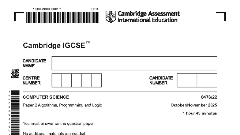 Comp Sci ON 25 - IGCSE Computer Science 2025 Paper 2 Algorithms & Logic - Studocu