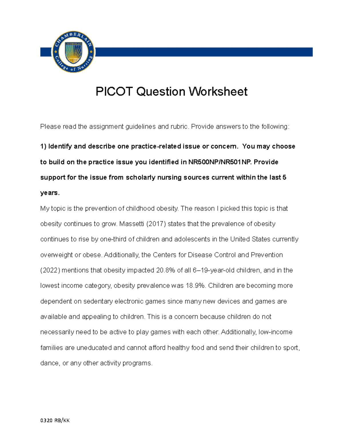 NR505NP PICOT Question: Addressing Childhood Obesity Intervention - Studocu