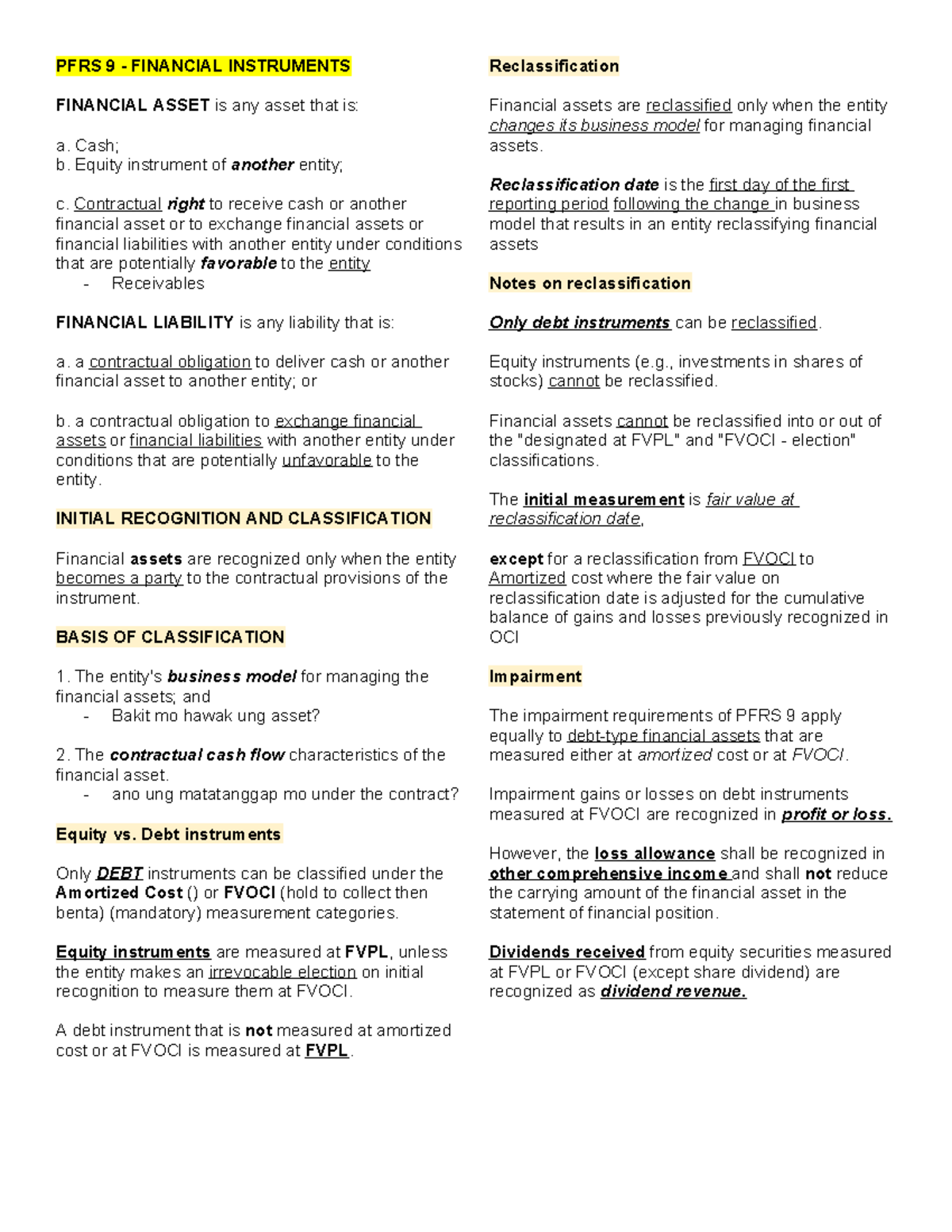 PFRS 9 - Financial Instruments Reclassification Notes for CFAS - Studocu