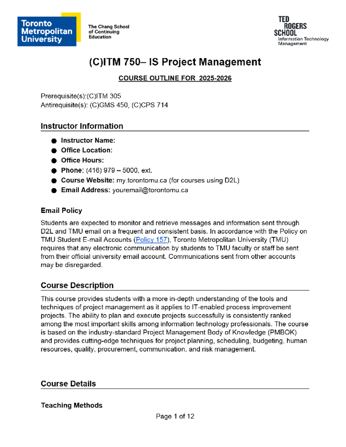 ITM 750 F25W26 Project Management Course Outline - Studocu