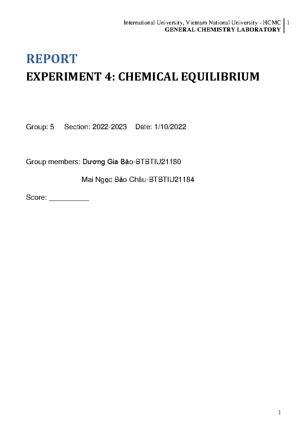 Experiment 4 Report: Chemical Equilibrium in General Chemistry Lab ...